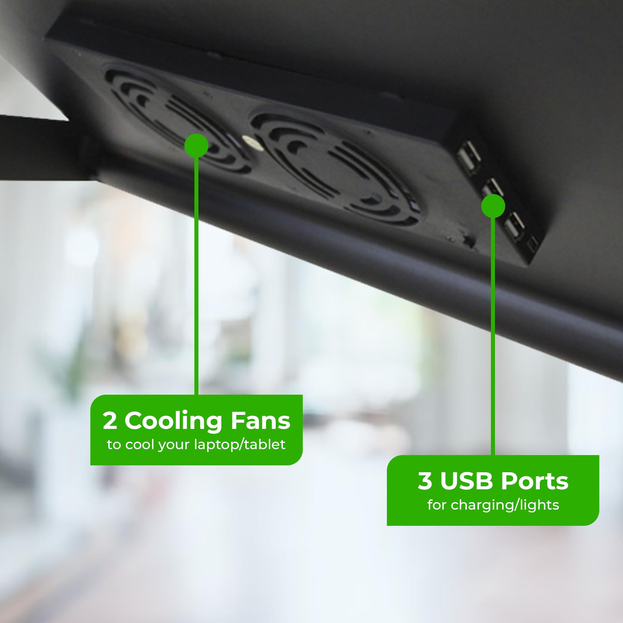 WorkEZ Executive Adjustable Laptop Stand with 2 Fans 3 USB Ports Ergonomic Aluminum Lap Desk for Bed Couch tray holder folding height tilt angle cooling cooler portable desktop riser black