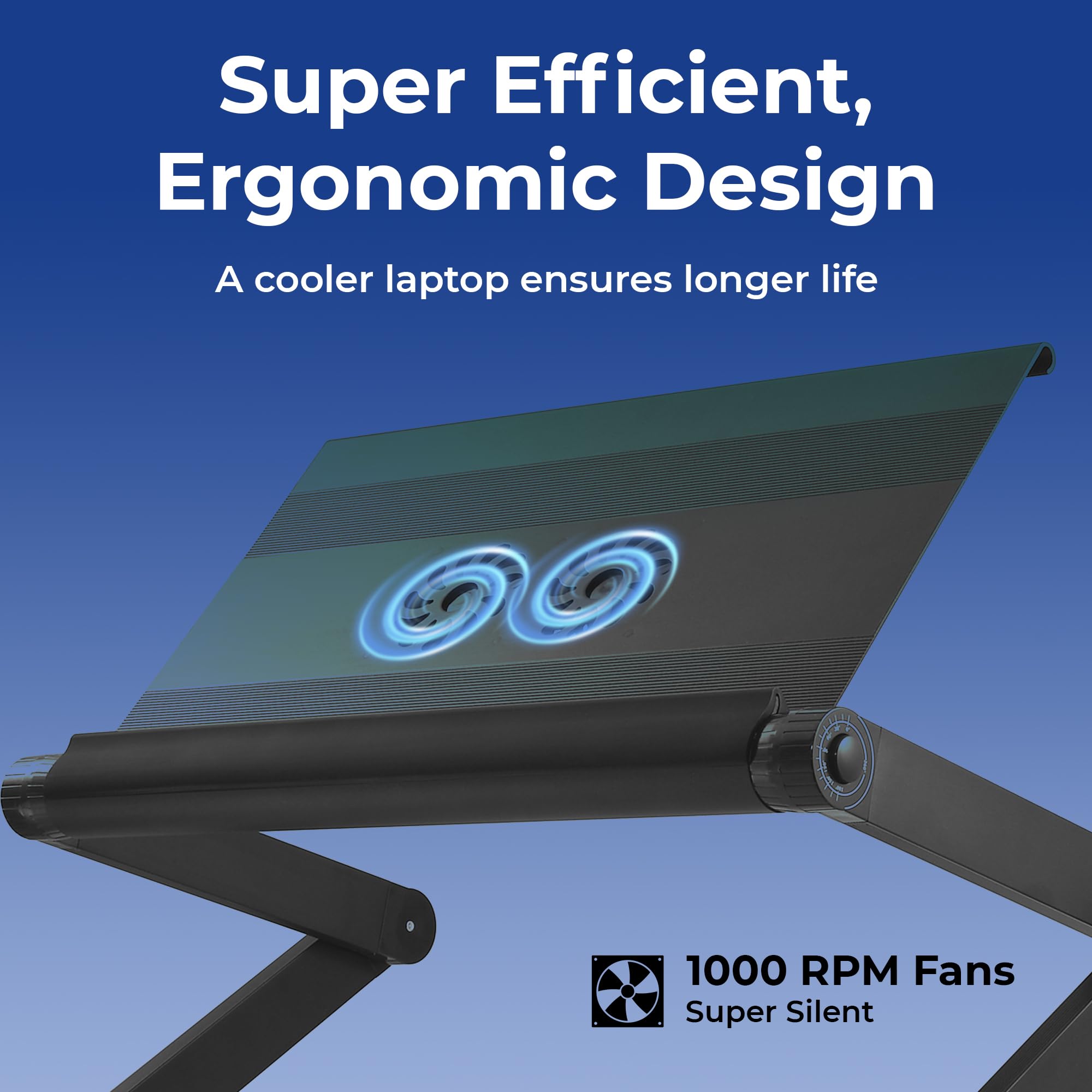 WorkEZ Executive Adjustable Laptop Stand with 2 Fans 3 USB Ports Ergonomic Aluminum Lap Desk for Bed Couch tray holder folding height tilt angle cooling cooler portable desktop riser black