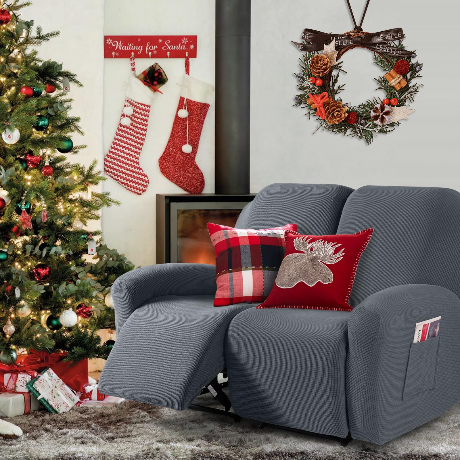 TAOCOCO Recliner Loveseat Slipcover, 6 Pieces Dual Recliner Sofa Covers for 2 Seat Dual Reclining Loveseat Couch, Stretch Soft Jacquard Pattern Furniture Protector with Elasticity Grey