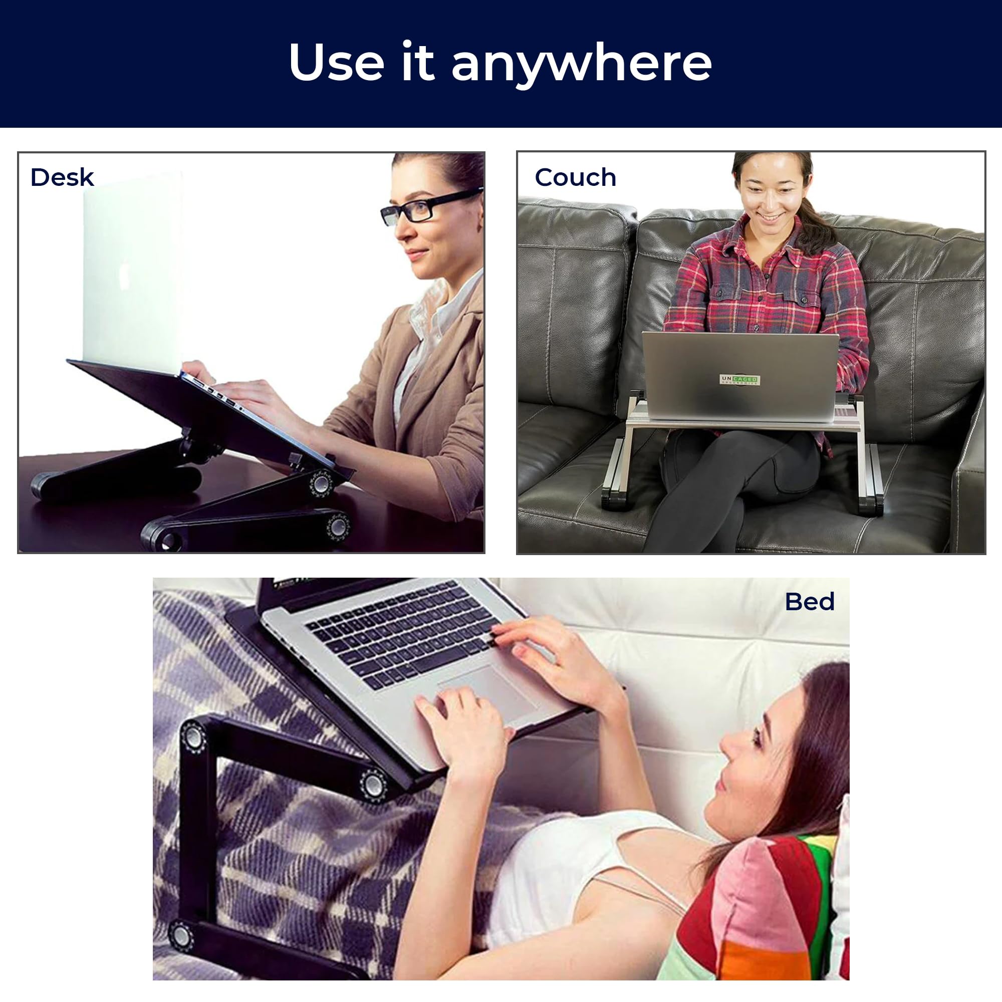 WorkEZ Executive Adjustable Laptop Stand with 2 Fans 3 USB Ports Ergonomic Aluminum Lap Desk for Bed Couch tray holder folding height tilt angle cooling cooler portable desktop riser black