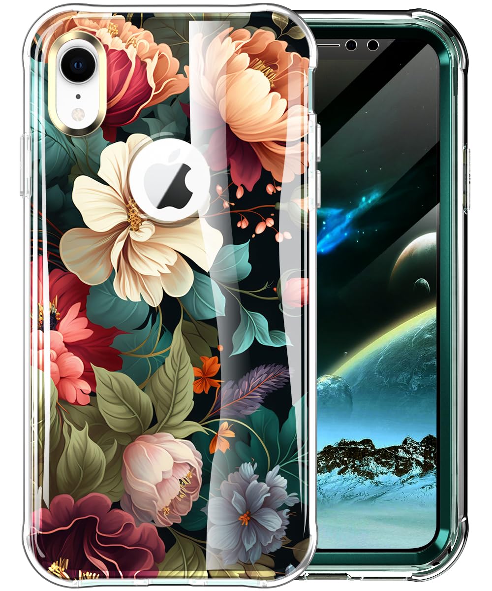 Turquiase Cute Flower Case for iPhone XR 6.1 inch Built with Screen Protector, Lightweight and Stylish Full Body Shockproof Protective Rugged TPU Case for Women/Girls