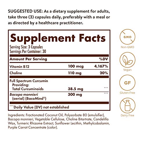 Solgar Full Spectrum Curcumin Brain Works, 90 Licaps - Support Memory Recall, Focus, Cognitive Function - Antioxidant Support - Curcumin, BacoMind, Choline, Vitamin B12 - Non-GMO, Vegan - (Pack of 2)