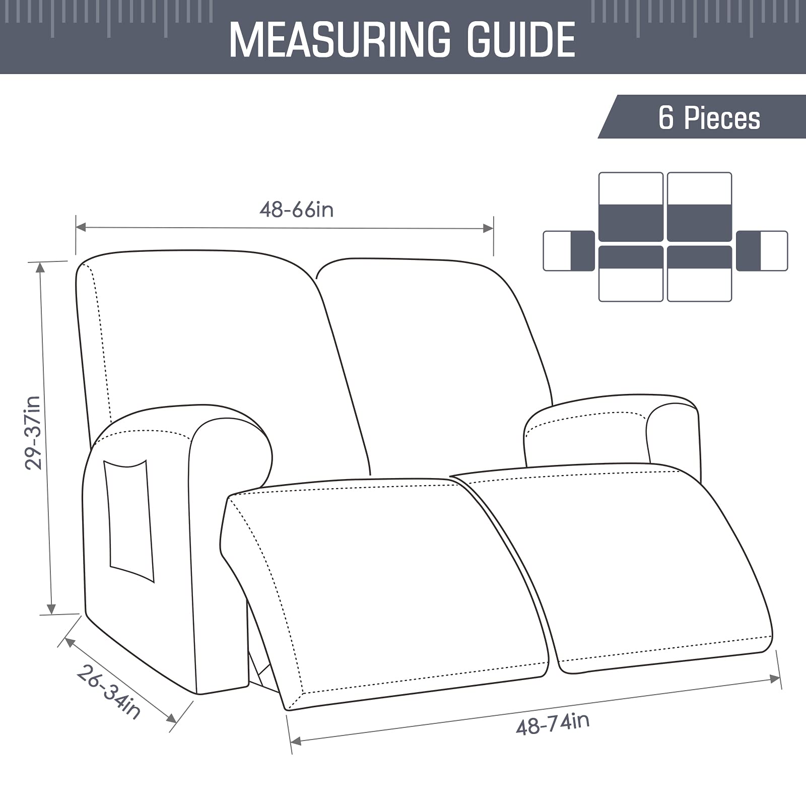 TAOCOCO Recliner Loveseat Slipcover, 6 Pieces Dual Recliner Sofa Covers for 2 Seat Dual Reclining Loveseat Couch, Stretch Soft Jacquard Pattern Furniture Protector with Elasticity Grey