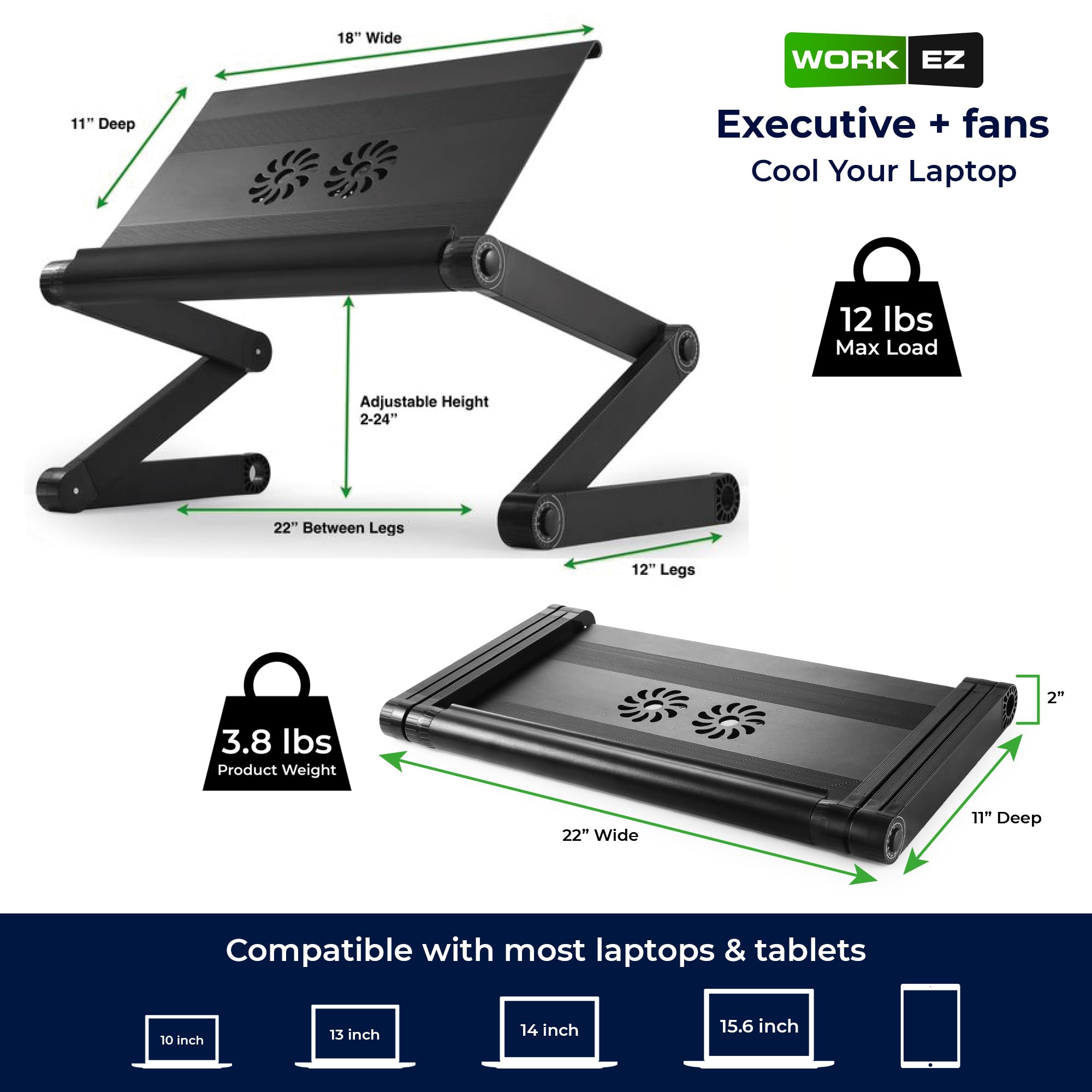 WorkEZ Executive Adjustable Laptop Stand with 2 Fans 3 USB Ports Ergonomic Aluminum Lap Desk for Bed Couch tray holder folding height tilt angle cooling cooler portable desktop riser black
