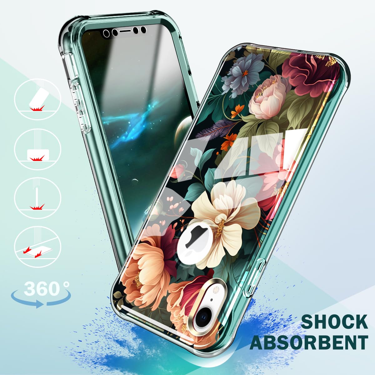 Turquiase Cute Flower Case for iPhone XR 6.1 inch Built with Screen Protector, Lightweight and Stylish Full Body Shockproof Protective Rugged TPU Case for Women/Girls
