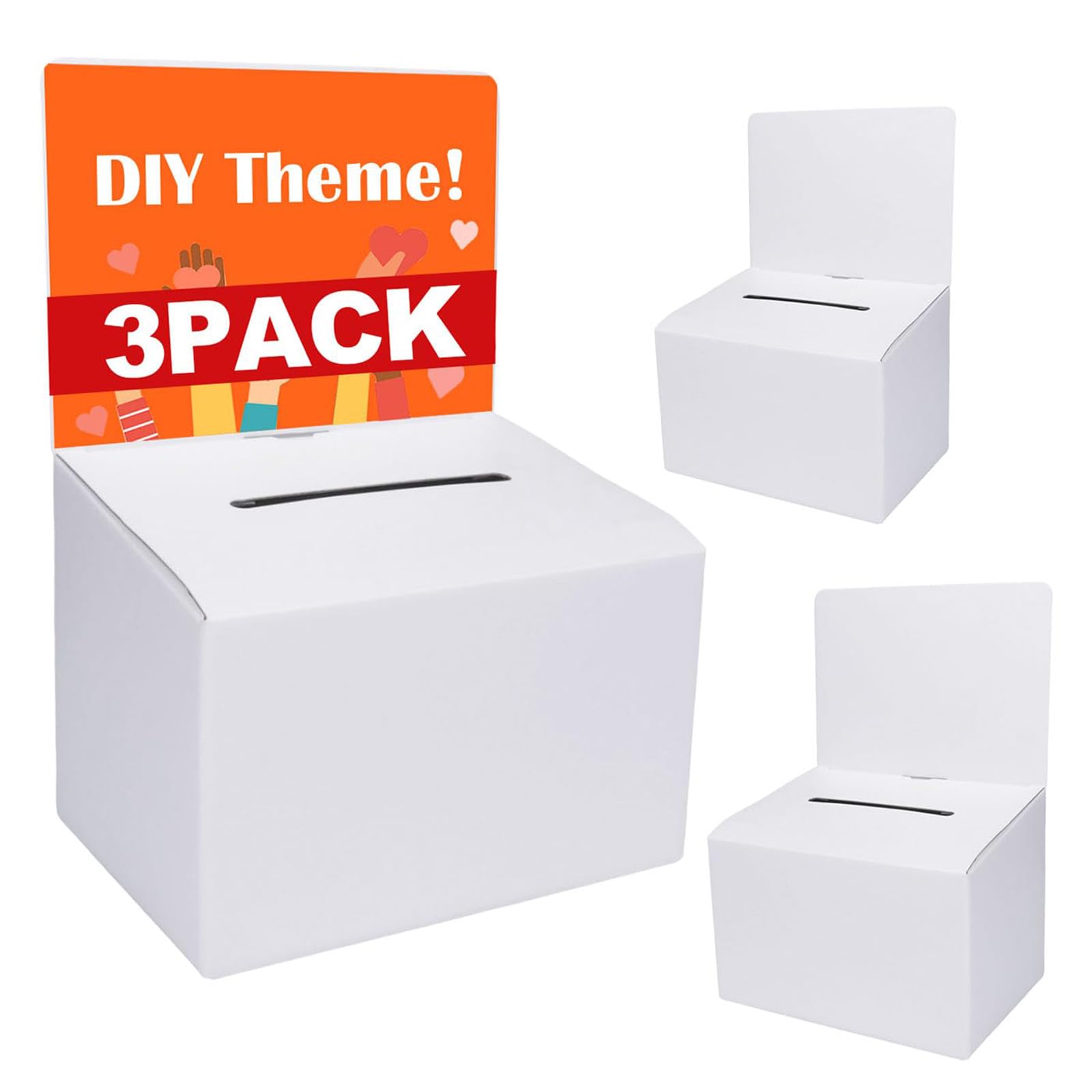 GRAWUN suggestion boxes with slot,raffle ticket boxs,raffle donations boxs, suggestion boxes with removable header,for Collecting Card Tickets And Voting Contest (3 Pack,White)