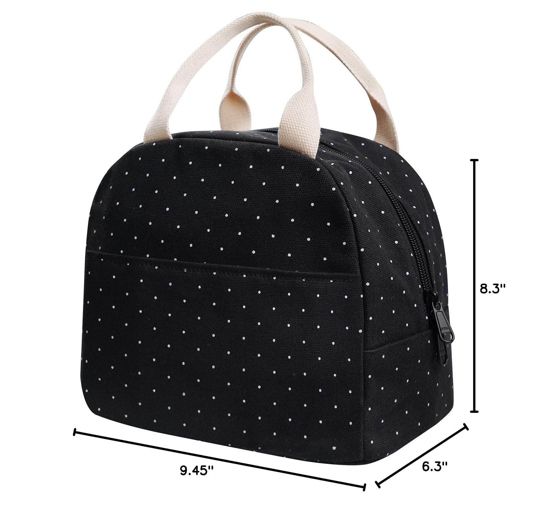 EurCross Upgraded Compact Black Lunch Bag for Girls Women,Canvas Reusable Polka Dot Lunch Tote Box Bag for Work School