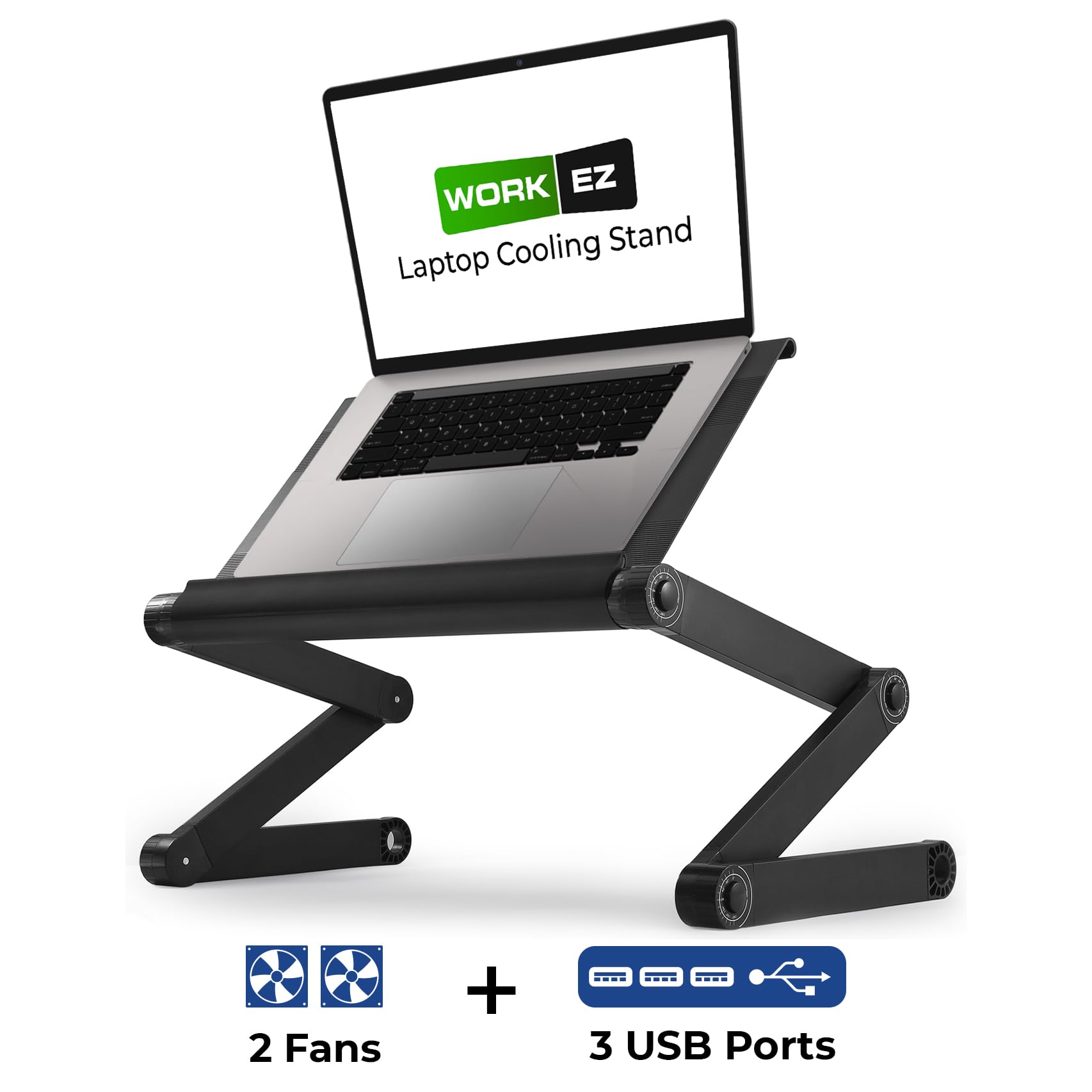 WorkEZ Executive Adjustable Laptop Stand with 2 Fans 3 USB Ports Ergonomic Aluminum Lap Desk for Bed Couch tray holder folding height tilt angle cooling cooler portable desktop riser black