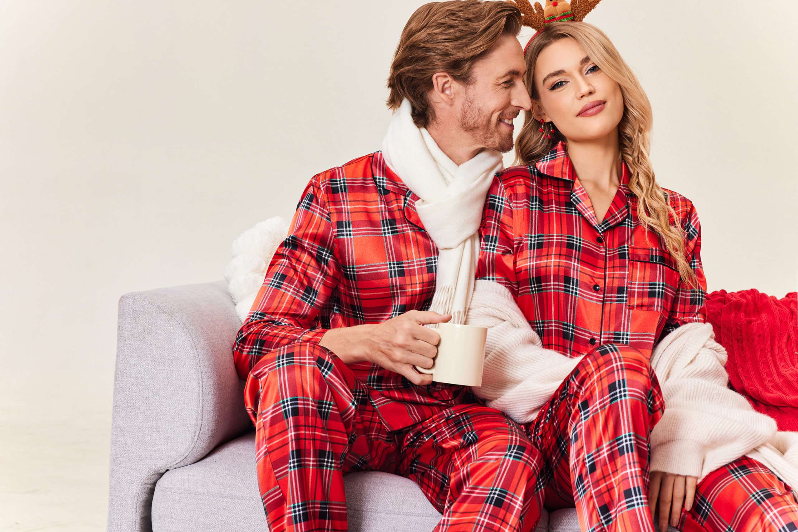 Ekouaer Matching Christmas Pajamas for Couples Silky Soft Sleepwear Winter Long Sleeve Button Up Two Piece Pjs,Christmas Red Plaid,M