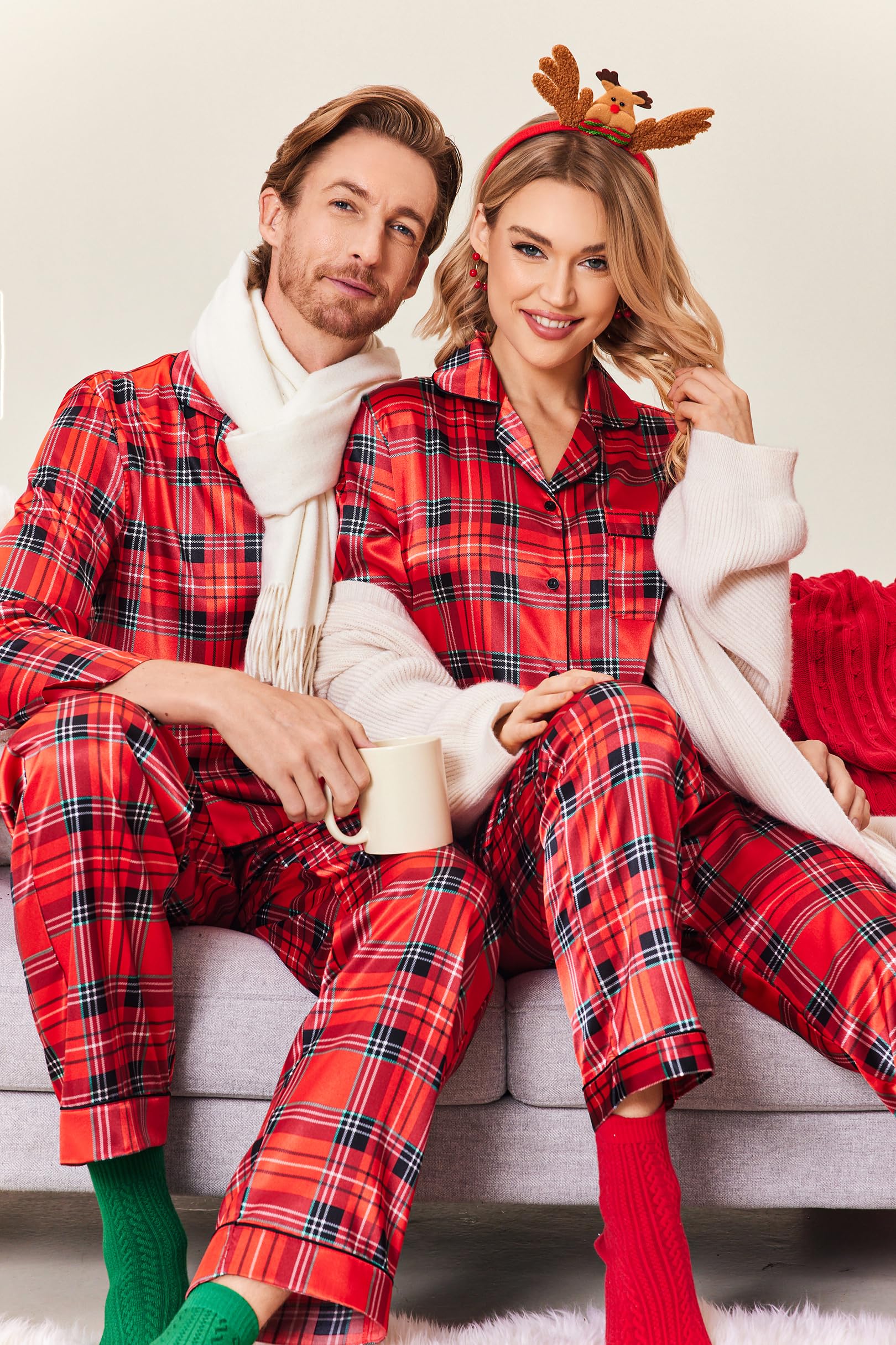 Ekouaer Matching Christmas Pajamas for Couples Silky Soft Sleepwear Winter Long Sleeve Button Up Two Piece Pjs,Christmas Red Plaid,M