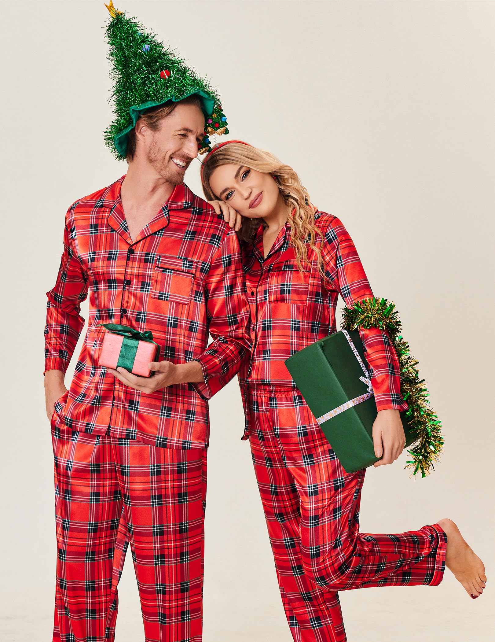 Ekouaer Matching Christmas Pajamas for Couples Silky Soft Sleepwear Winter Long Sleeve Button Up Two Piece Pjs,Christmas Red Plaid,M