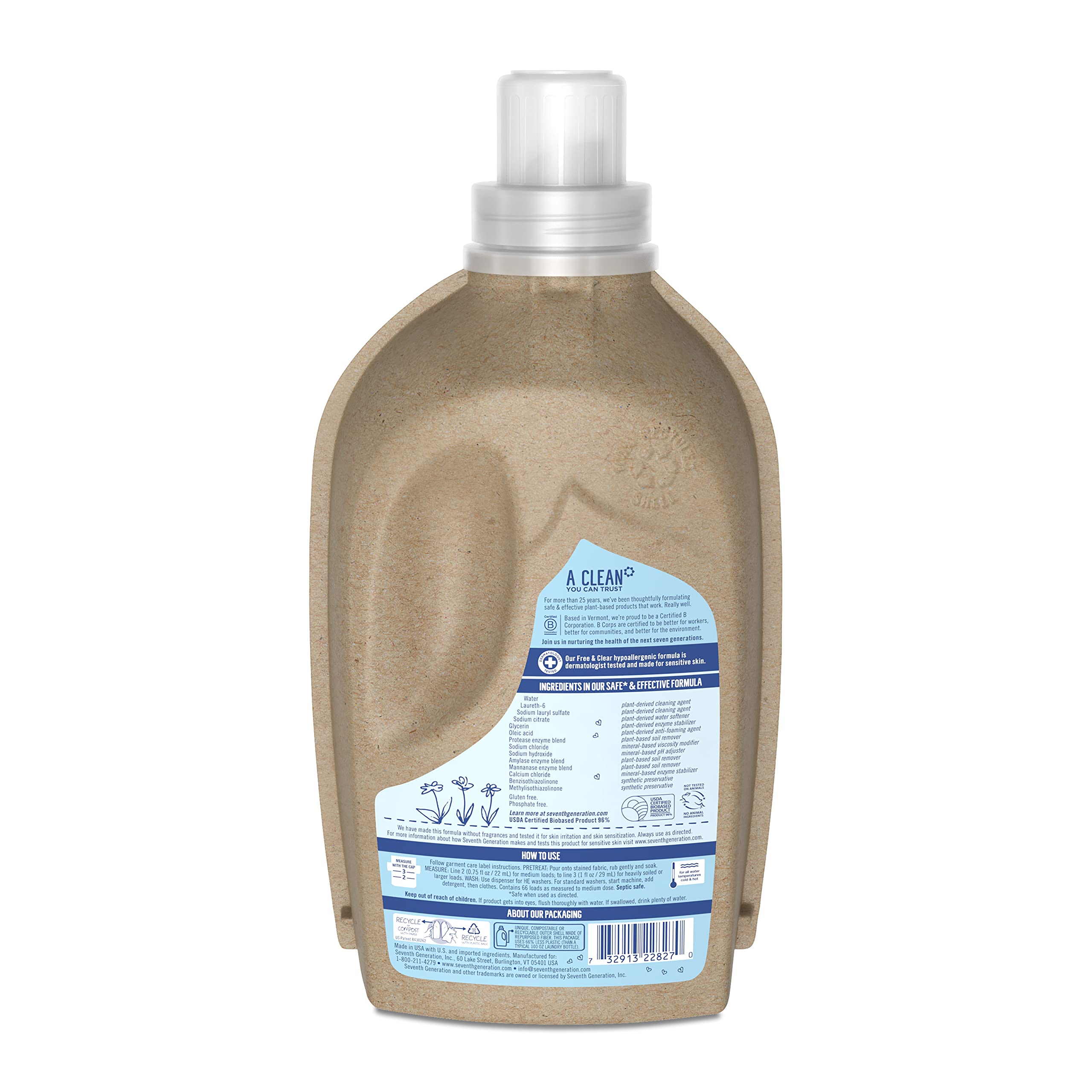 Seventh Generation Concentrated Laundry Detergent, Free and Clear Unscented, 66 loads, 50 Fl Oz (Packaging May Vary)