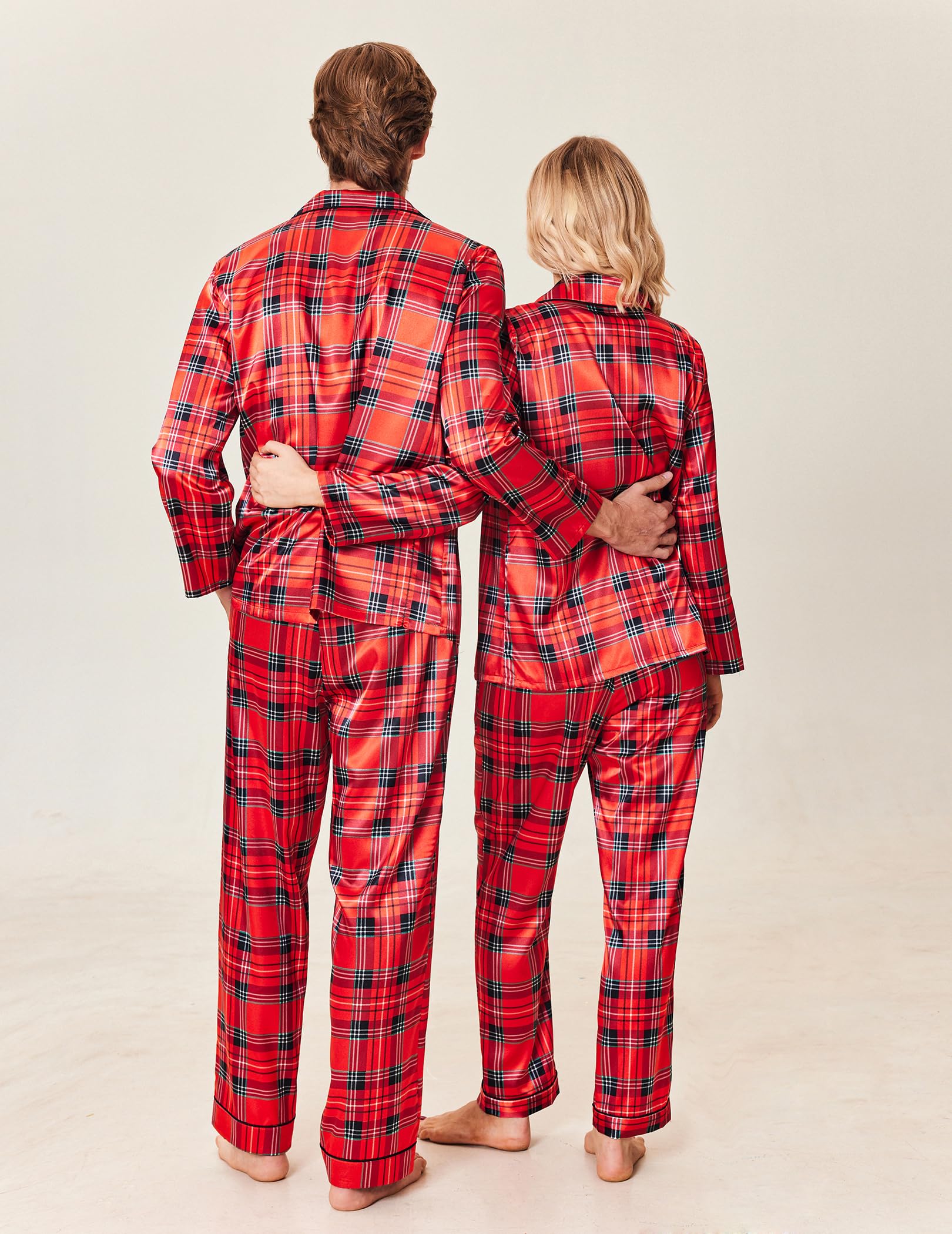 Ekouaer Matching Christmas Pajamas for Couples Silky Soft Sleepwear Winter Long Sleeve Button Up Two Piece Pjs,Christmas Red Plaid,M