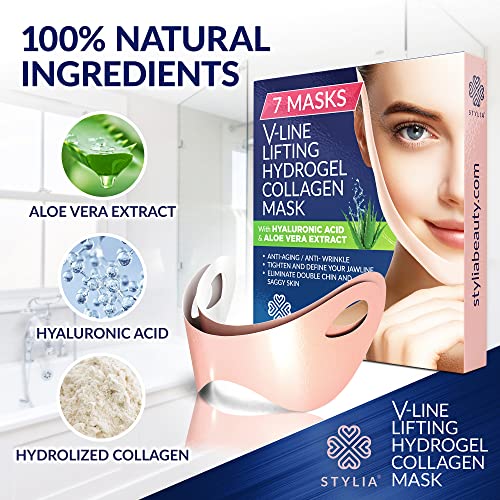 7 Piece V Line Shaping Face Masks - Double Chin Reducer - Lifting Hydrogel Collagen Mask with Aloe Vera, Anti-Aging and Anti-Wrinkle Band