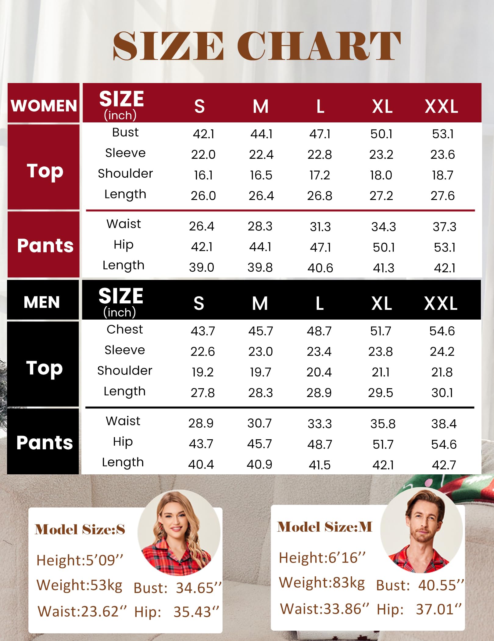 Ekouaer Matching Christmas Pajamas for Couples Silky Soft Sleepwear Winter Long Sleeve Button Up Two Piece Pjs,Christmas Red Plaid,M