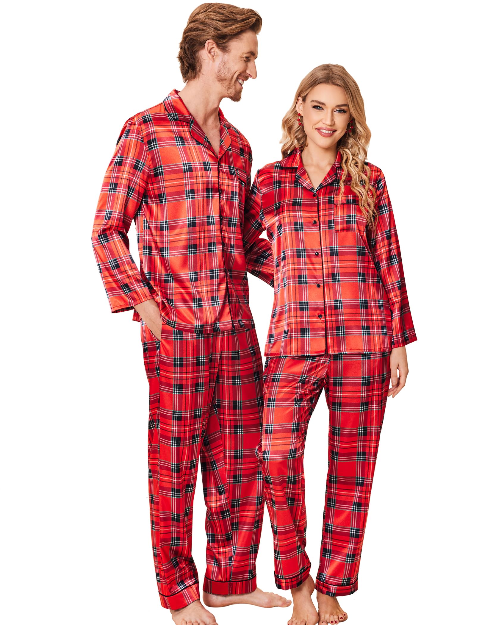 Ekouaer Matching Christmas Pajamas for Couples Silky Soft Sleepwear Winter Long Sleeve Button Up Two Piece Pjs,Christmas Red Plaid,M
