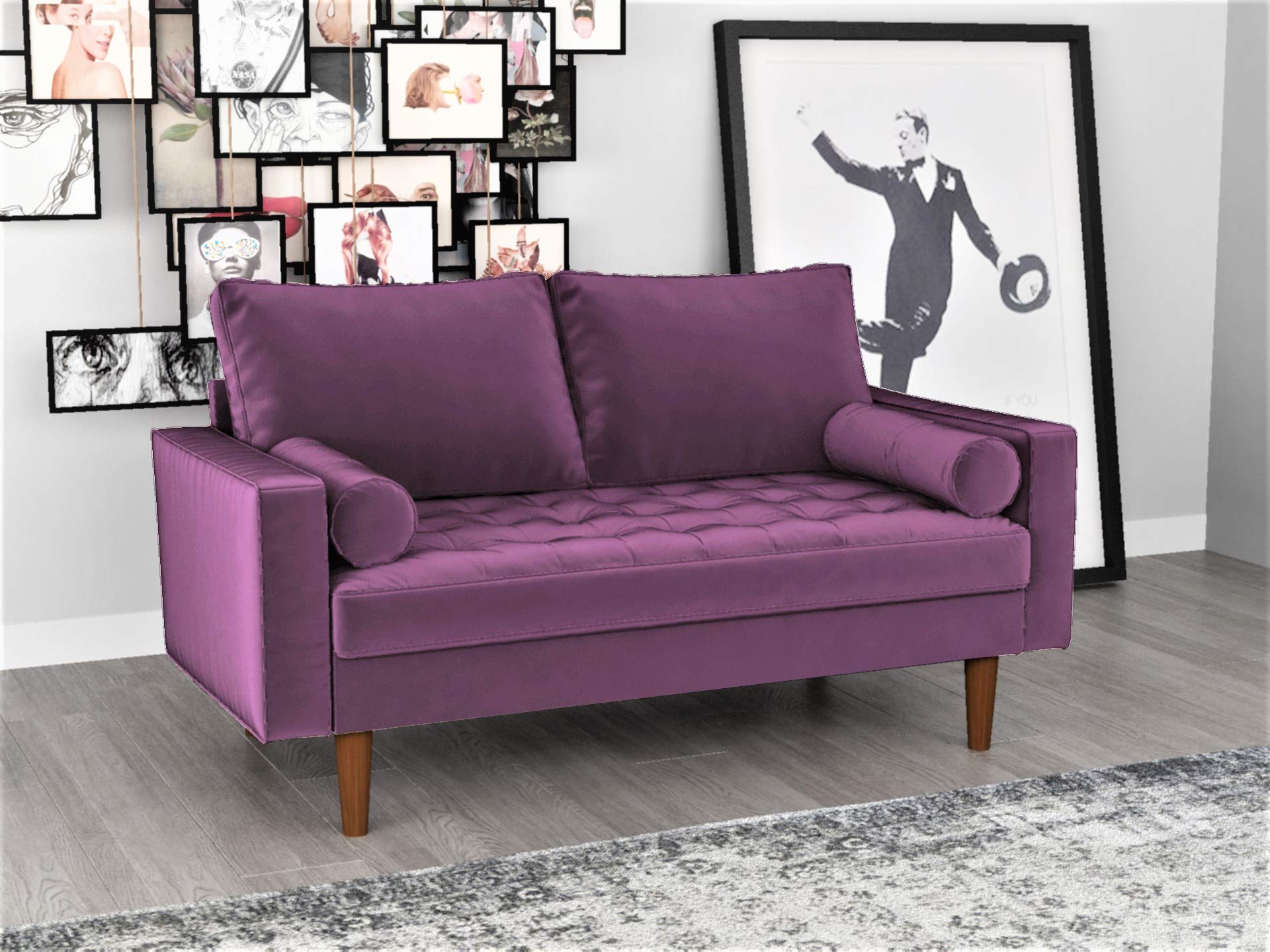 Container Furniture Direct Womble 58 Inch Velvet Loveseat Sofa with Elegant Button Tufted Upholstery, Square Arms, Splayed Wood Legs, Includes Matching Bolster Pillows, Eggplant