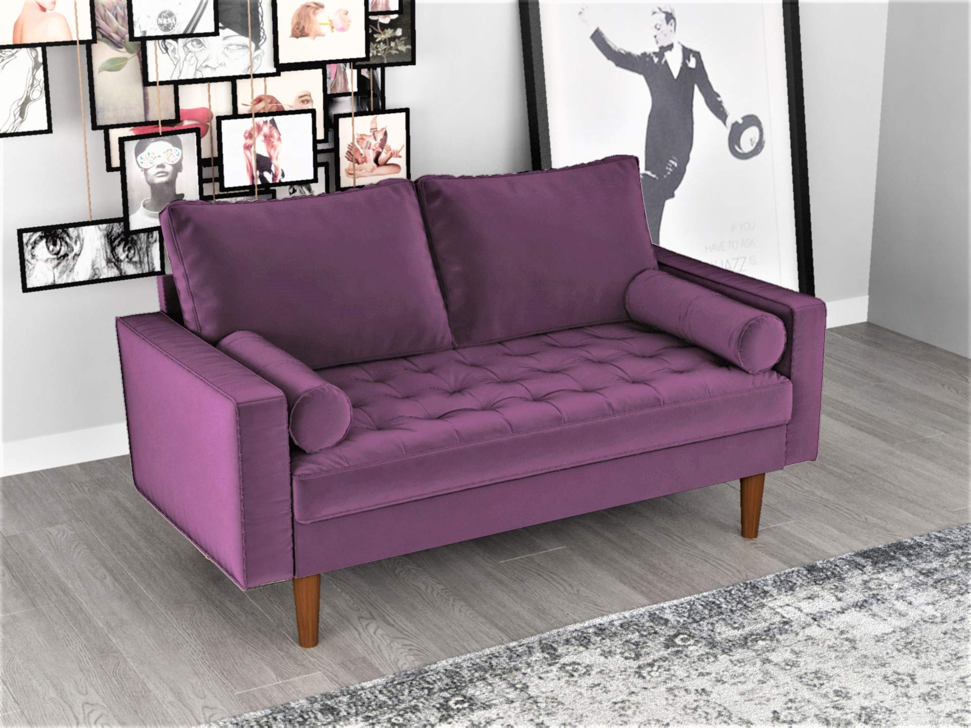 Container Furniture Direct Womble 58 Inch Velvet Loveseat Sofa with Elegant Button Tufted Upholstery, Square Arms, Splayed Wood Legs, Includes Matching Bolster Pillows, Eggplant