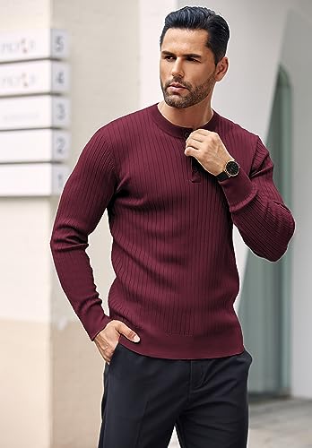 COOFANDY Men's Henley Sweaters Lightweight Casual Knit Sweaters Ribbed Crewneck Pullover Long Sleeve Tops Wine Red