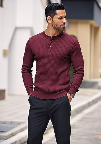 COOFANDY Men's Henley Sweaters Lightweight Casual Knit Sweaters Ribbed Crewneck Pullover Long Sleeve Tops Wine Red