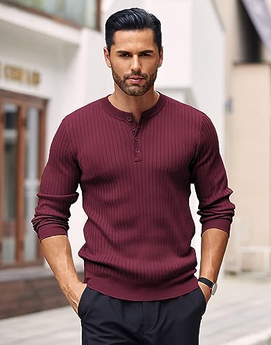 COOFANDY Men's Henley Sweaters Lightweight Casual Knit Sweaters Ribbed Crewneck Pullover Long Sleeve Tops Wine Red