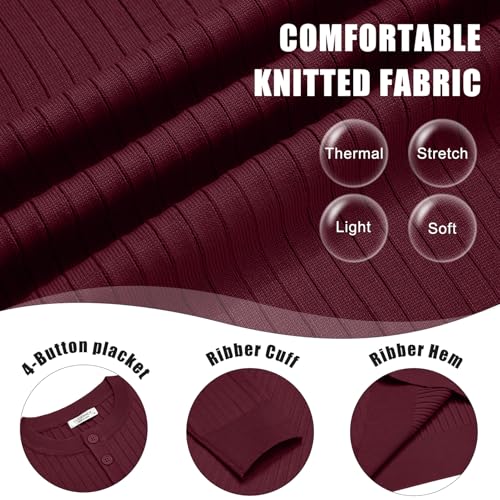 COOFANDY Men's Henley Sweaters Lightweight Casual Knit Sweaters Ribbed Crewneck Pullover Long Sleeve Tops Wine Red
