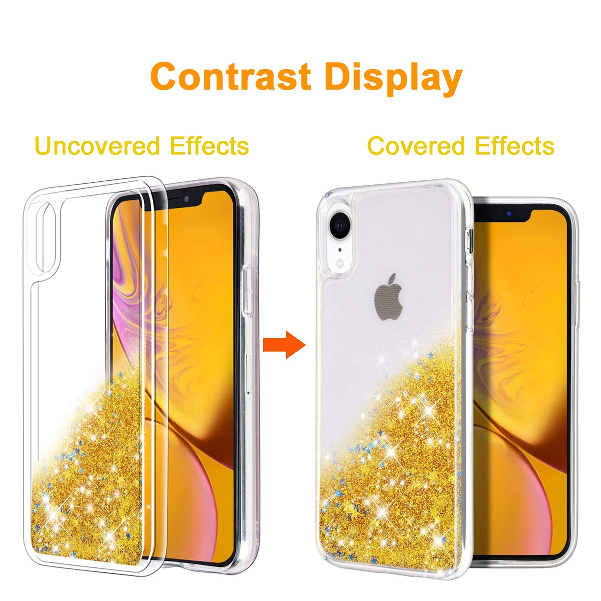 WORLDMOM for iPhone XR Case, Double Layer Design Bling Flowing Liquid Floating Sparkle Colorful Glitter Waterfall TPU Protective Phone Case for iPhone XR [6.1 Inch 2018], Yellow