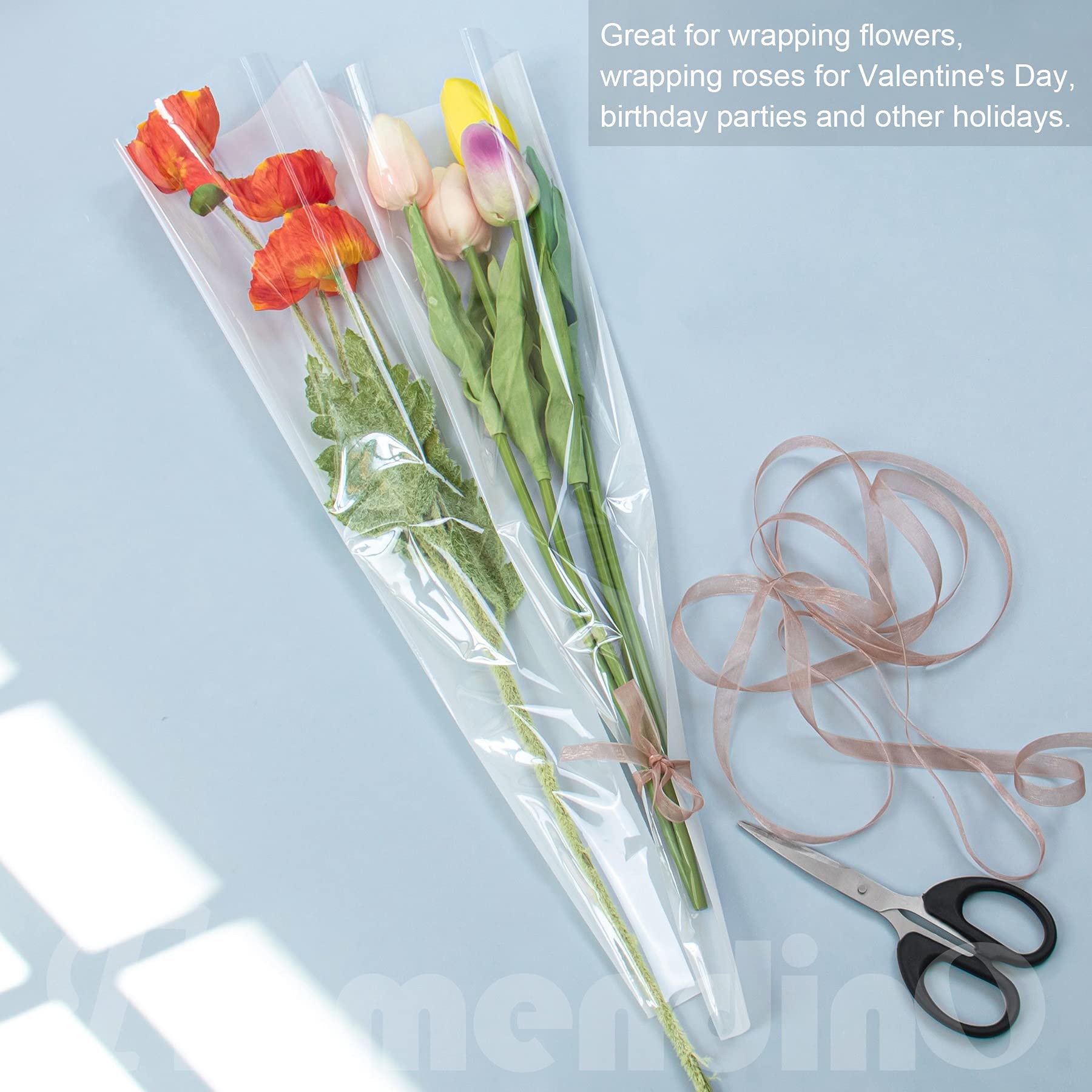 Framendino, 100 Pack Single Rose Clear Bags Flower Packaging Bag Floral Bouquet Wrapping Paper for Birthday Gift Valentines Day