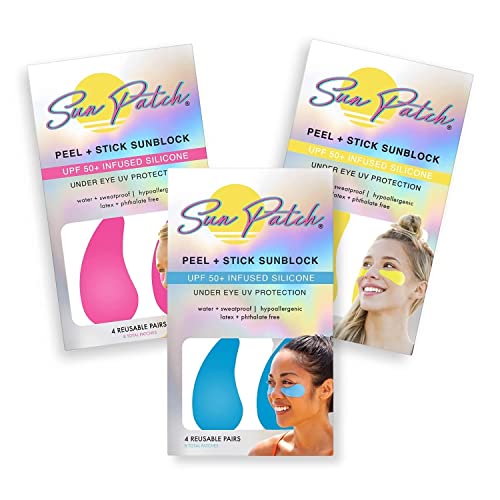 Sun Patch, Reusable Under Eye Sunblock Patches, 100% Silicone Sunscreen Under Eye Patches for UV Protection, Face Stickers with UPF 50, 3 Pack/12 Pairs, 3 Colors