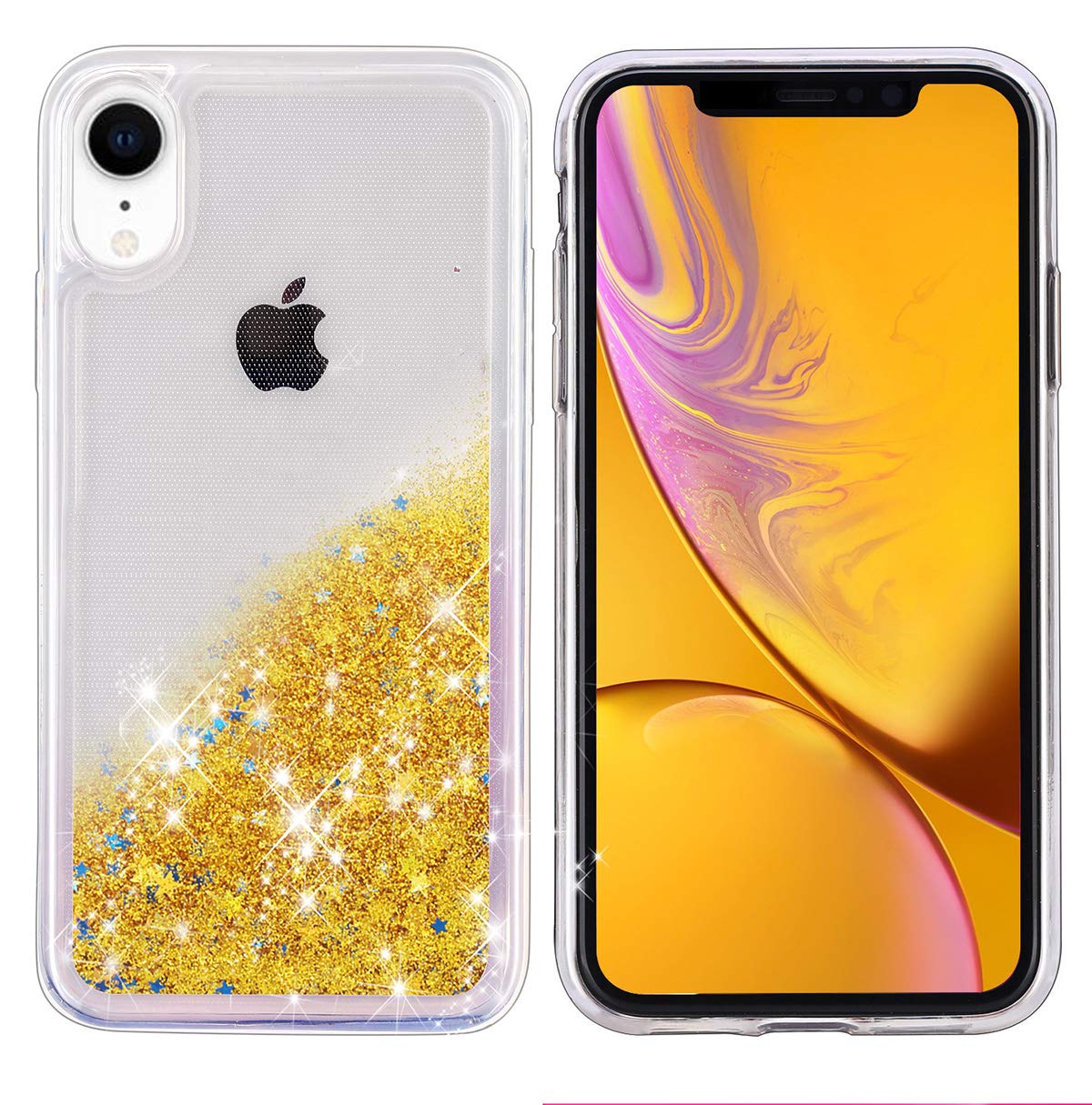 WORLDMOM for iPhone XR Case, Double Layer Design Bling Flowing Liquid Floating Sparkle Colorful Glitter Waterfall TPU Protective Phone Case for iPhone XR [6.1 Inch 2018], Yellow