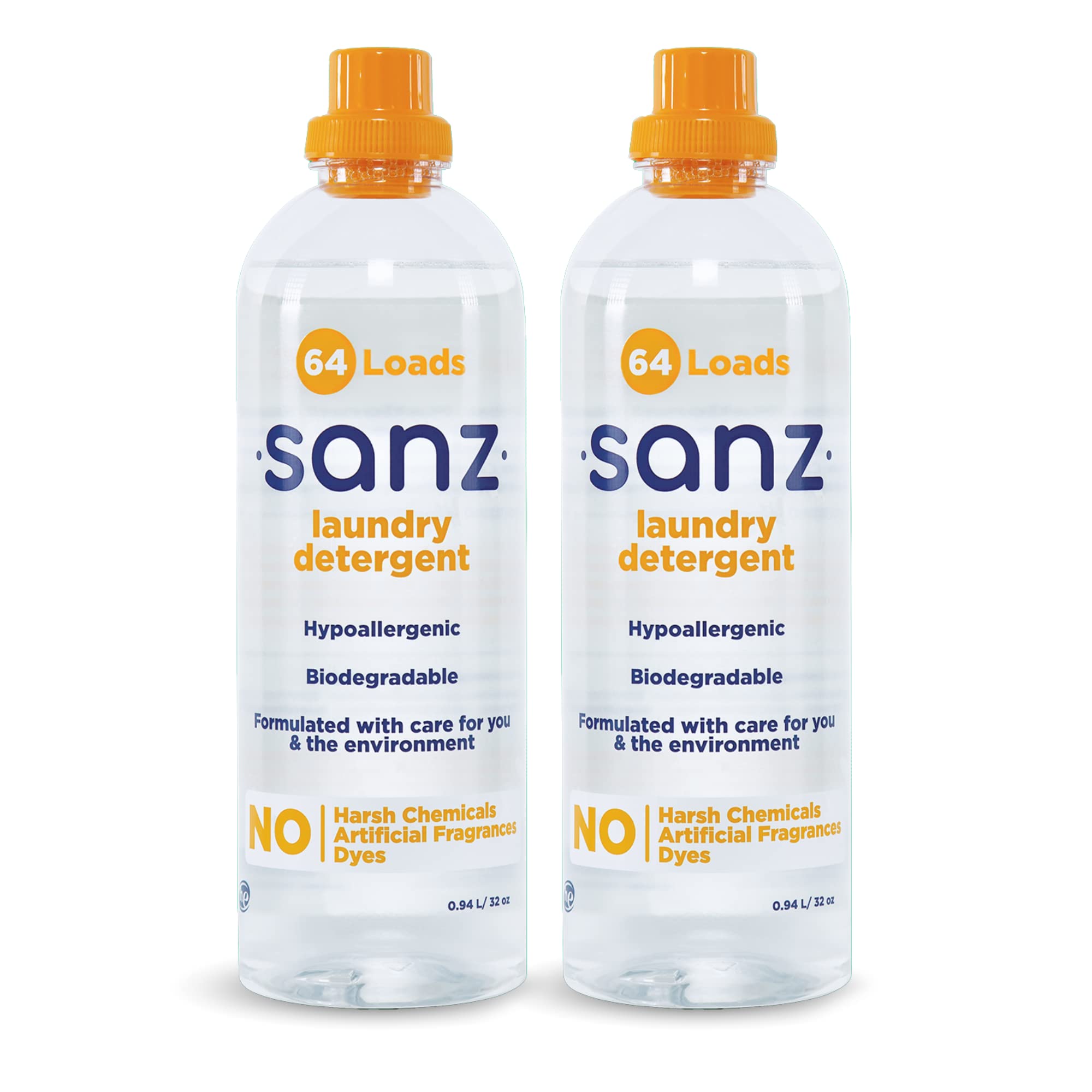 SANZ Liquid Laundry Detergent Free and Clear - Hypoallergenic for Sensitive Skin & Babies, High Performance Odor & Stain Remover, Artificial Fragrance Free, Standard or HE, Ultra Concentrated, 128 Loads (2 Pack)