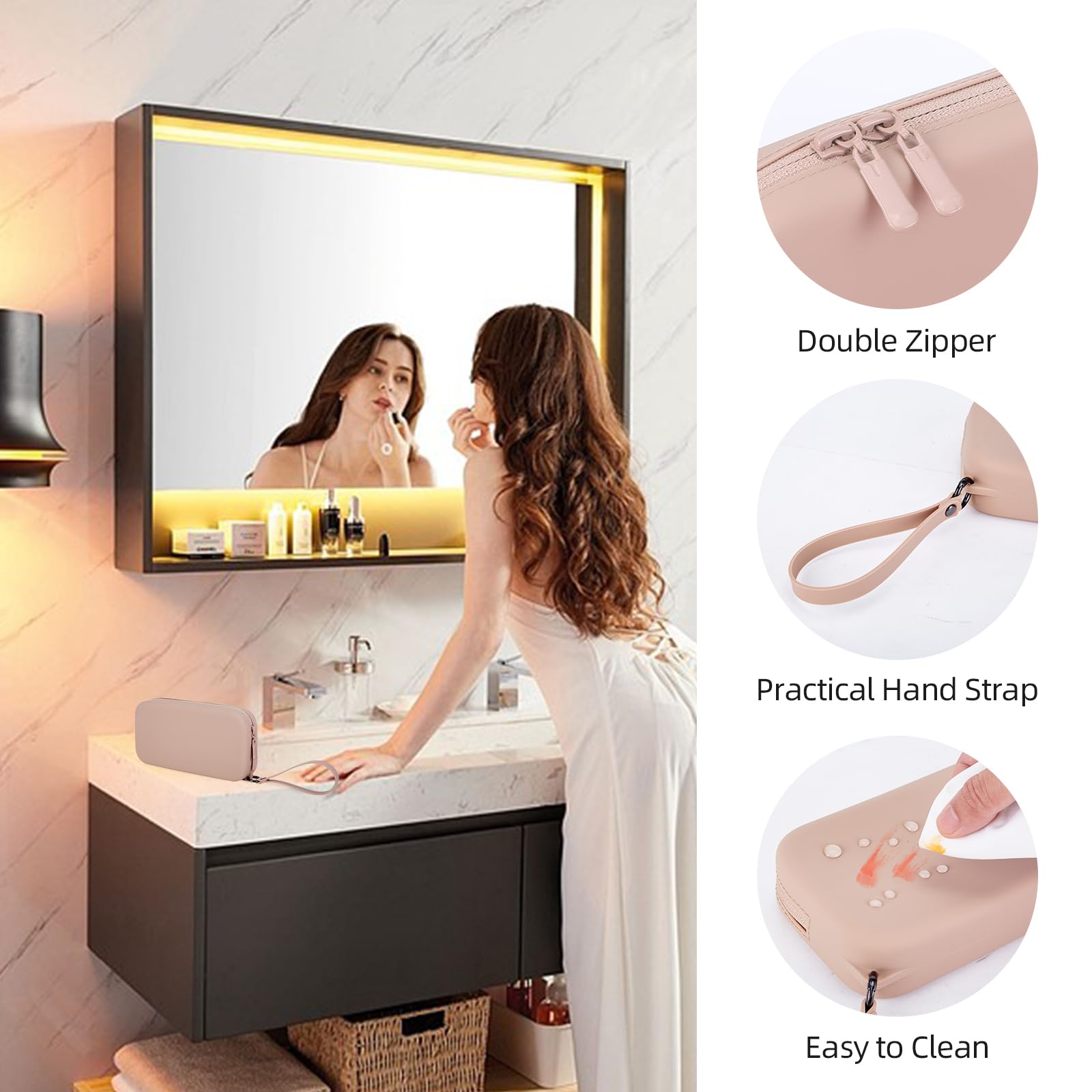 PONADA Silicone Makeup Bag - Travel Cosmetic Bags for Women,Waterproof Portable Pouch Toiletry Bag Make up Organizer with Double Zipper