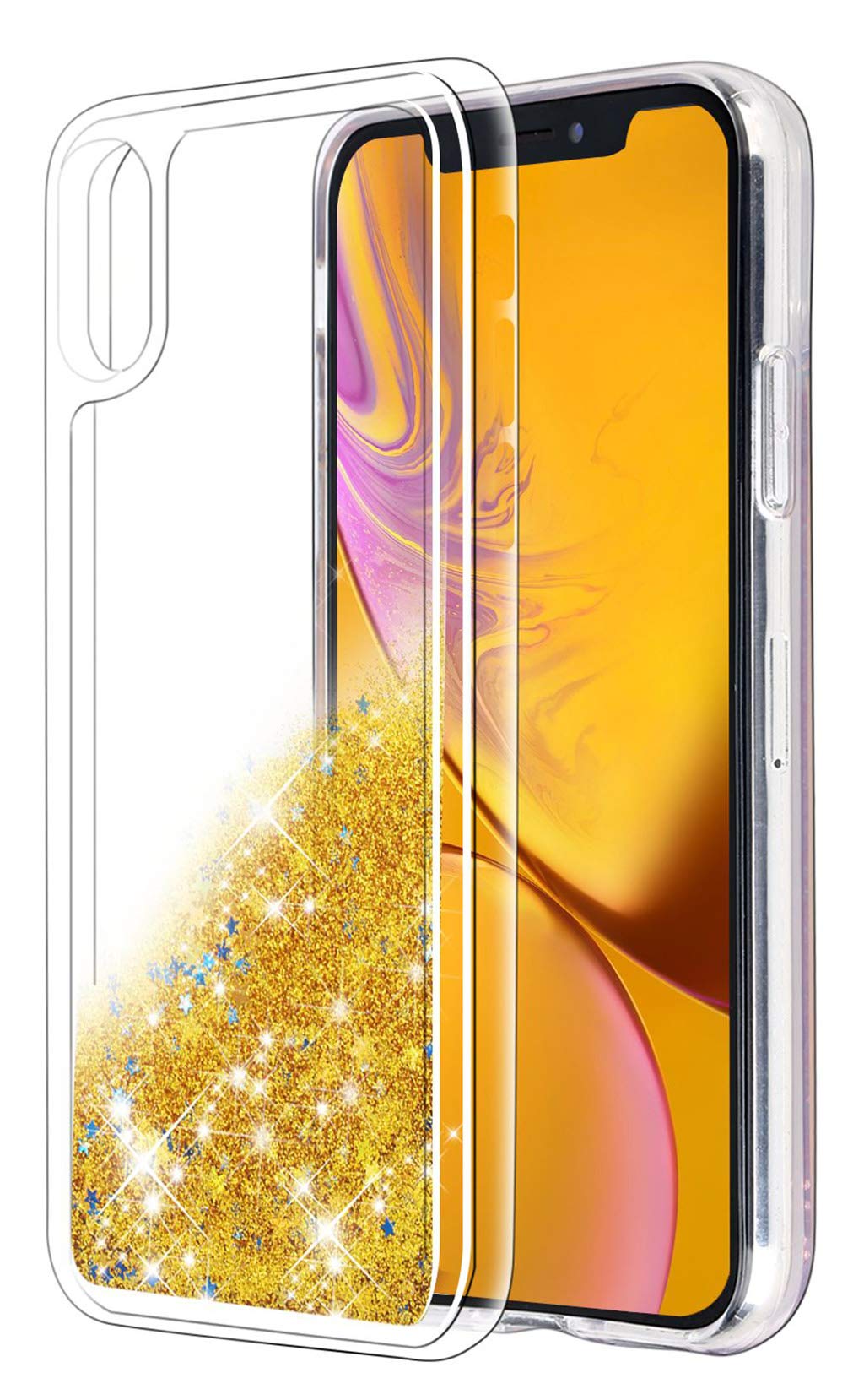 WORLDMOM for iPhone XR Case, Double Layer Design Bling Flowing Liquid Floating Sparkle Colorful Glitter Waterfall TPU Protective Phone Case for iPhone XR [6.1 Inch 2018], Yellow