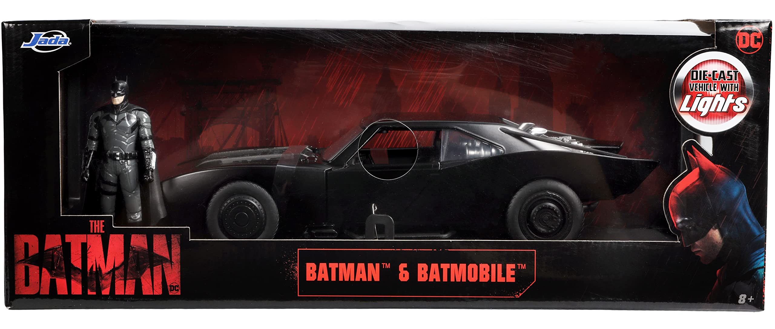 Jada Toys DC Comics The Batman 1:18 Batmobile with Lights Die-cast Car & 3.75" Batman Figure, Toys for Kids and Adults,Black