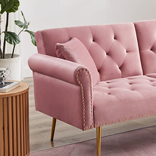 FANYE 3-in-1 Tufted Upholstered Daybed Futon Sofabed Loveseat W/Reclining Split Backrest and Metal Legs,2-Seaters Sofa Soft Cushions Love Seat Convertible Sleeper Couch Bed for Living Room, Twin, Pink