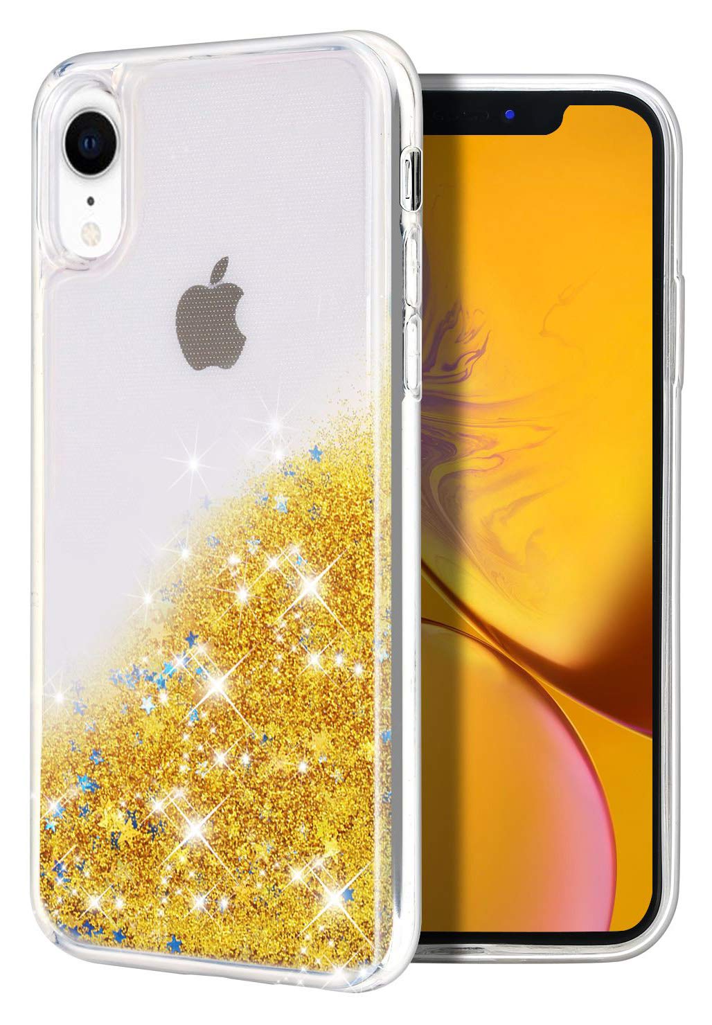 WORLDMOM for iPhone XR Case, Double Layer Design Bling Flowing Liquid Floating Sparkle Colorful Glitter Waterfall TPU Protective Phone Case for iPhone XR [6.1 Inch 2018], Yellow