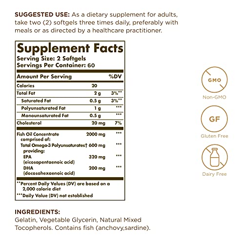 Solgar Omega-3 Fish Oil Concentrate - 120 Softgels - Support for Cardiovascular, Joint & Metabolic Health - Gluten Free, Non-GMO, Dairy Free - 60 Servings