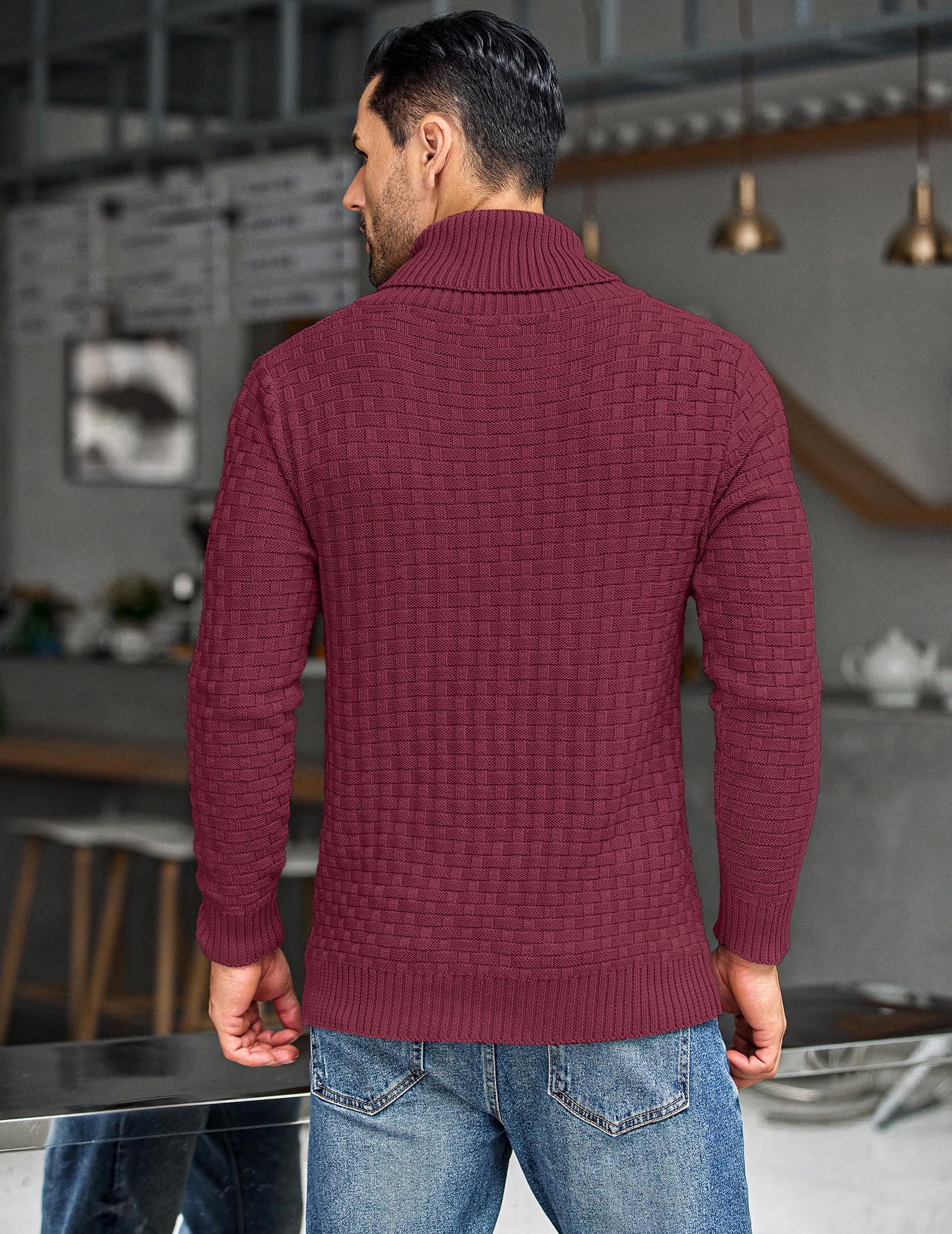 COOFANDY Men's Shawl Collar Sweaters V-Neck Relaxed Fit Basket Knitted Pullovers Wine Red