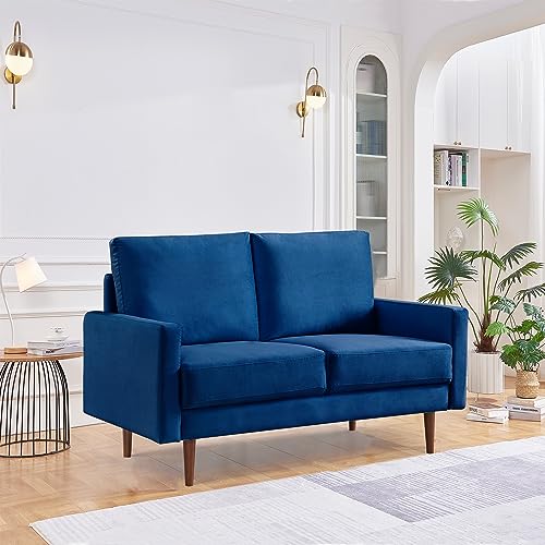American Furniture Classics Blue 57 Inch Wide Upholstered Two Cushion Loveseat with Square Arms Velvet, 57" x 32" x 37"