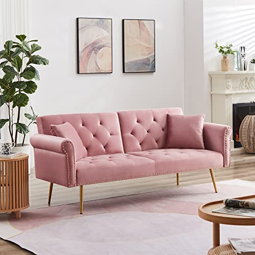 FANYE 3-in-1 Tufted Upholstered Daybed Futon Sofabed Loveseat W/Reclining Split Backrest and Metal Legs,2-Seaters Sofa Soft Cushions Love Seat Convertible Sleeper Couch Bed for Living Room, Twin, Pink
