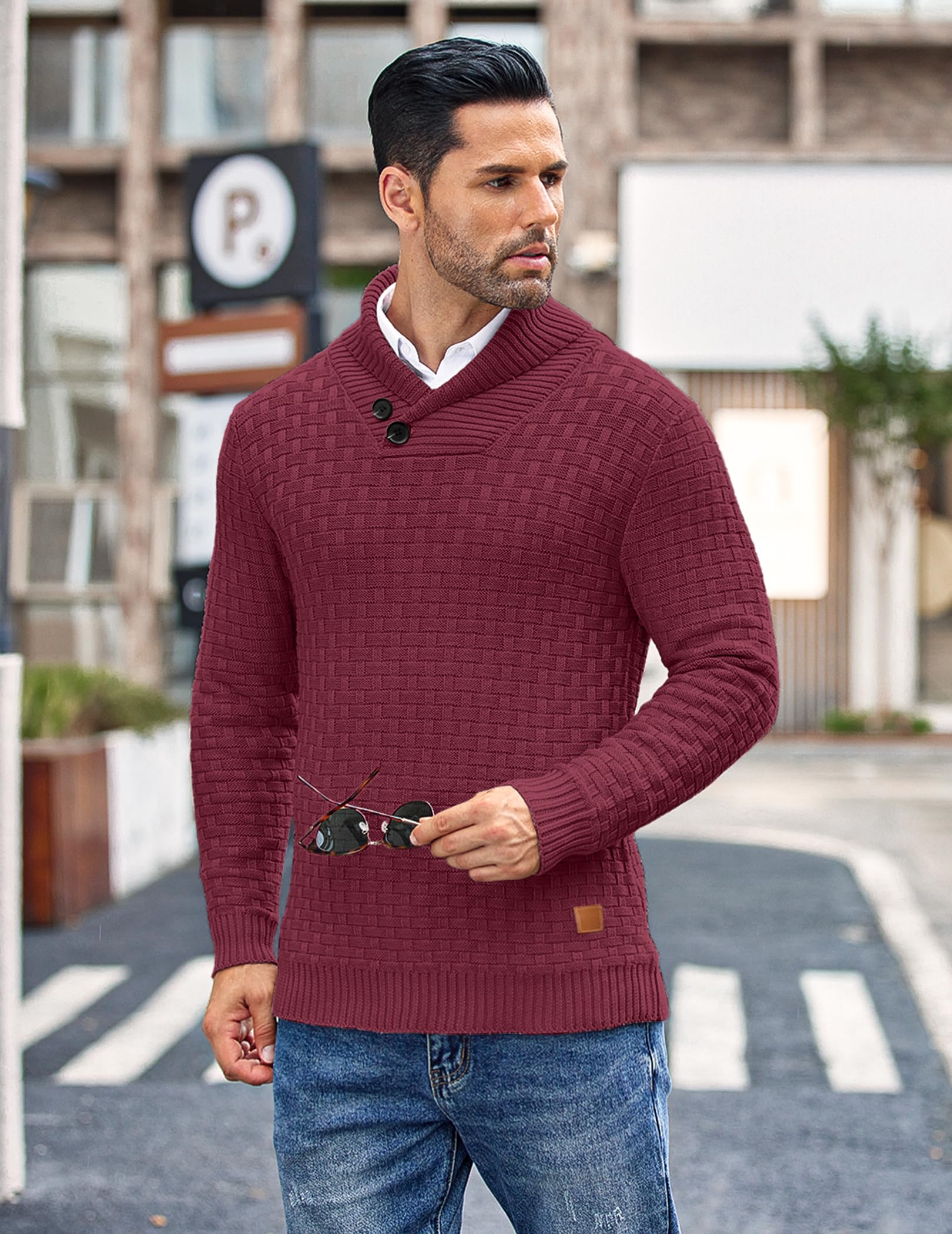 COOFANDY Men's Shawl Collar Sweaters V-Neck Relaxed Fit Basket Knitted Pullovers Wine Red