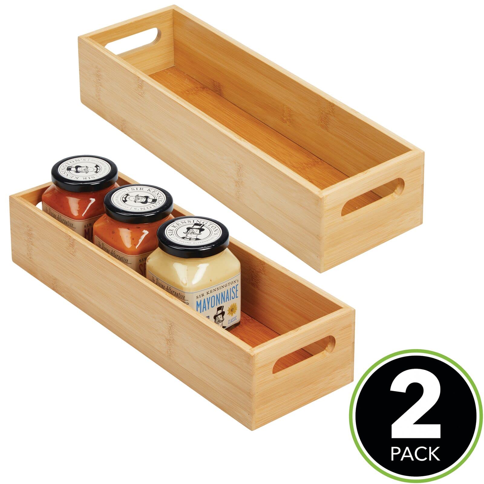 mDesign Bamboo Kitchen Cabinet & Fridge Drawer Organizer Tray with Handle - Storage Bin for Cutlery, Serving Spoons, Cooking Utensils, Gadgets - Natural Wood Finish