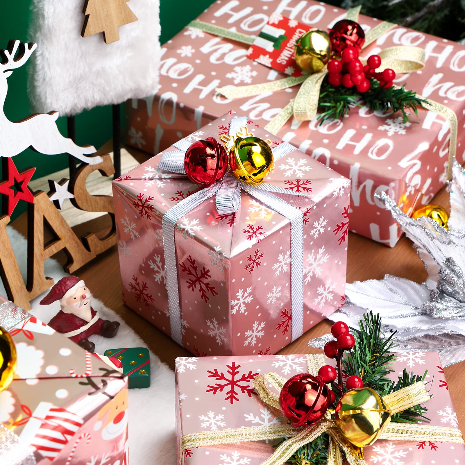 WRAPAHOLIC Christmas Wrapping Paper Roll - Rose Gold Santa, Snowflakes and Reindeer Holiday Collection with Metallic Foil Shine - 4 Rolls - 30 Inch X 120 Inch Per Roll