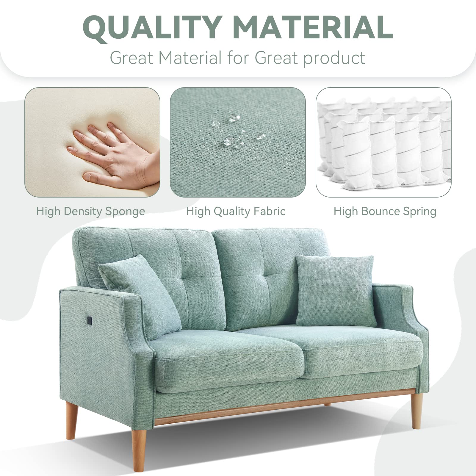 56.7" Loveseat Sofa Couch with 2 Pillows,2 Seat Couch with USB Port and Waterproof Fabric,2 Person Sofa with Thickness Cushion