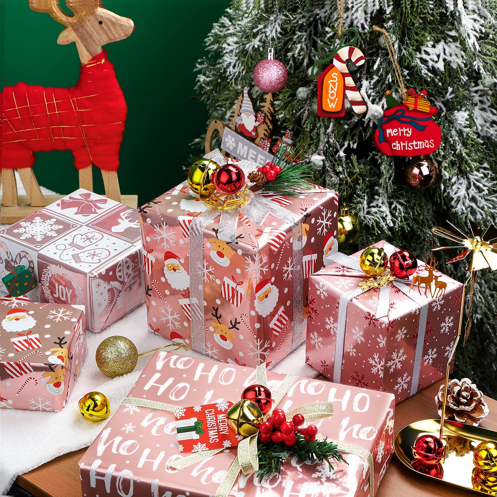 WRAPAHOLIC Christmas Wrapping Paper Roll - Rose Gold Santa, Snowflakes and Reindeer Holiday Collection with Metallic Foil Shine - 4 Rolls - 30 Inch X 120 Inch Per Roll