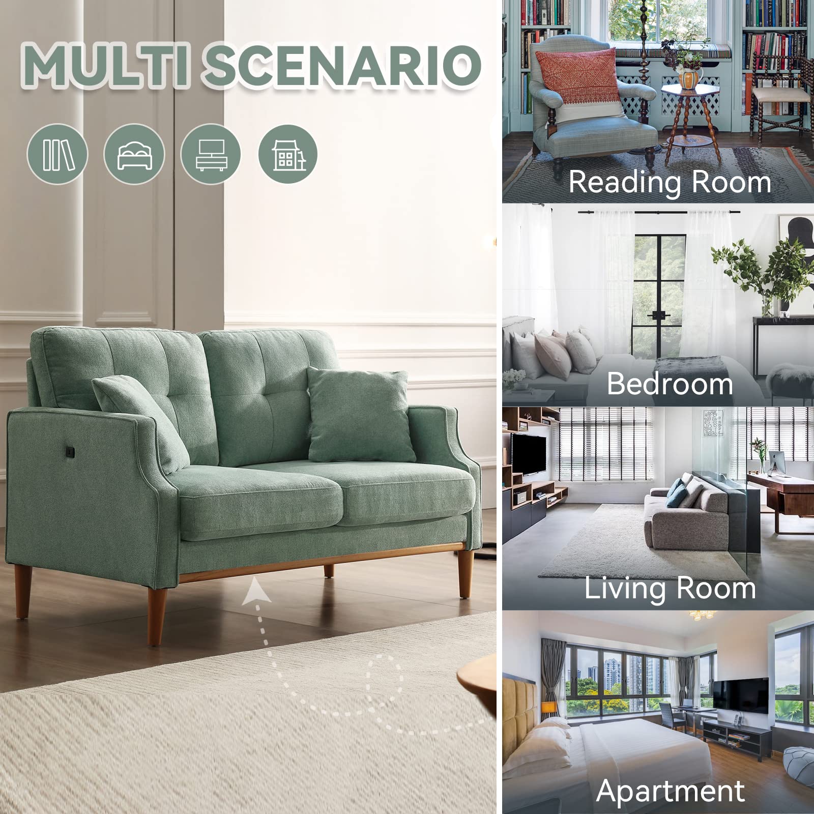 56.7" Loveseat Sofa Couch with 2 Pillows,2 Seat Couch with USB Port and Waterproof Fabric,2 Person Sofa with Thickness Cushion