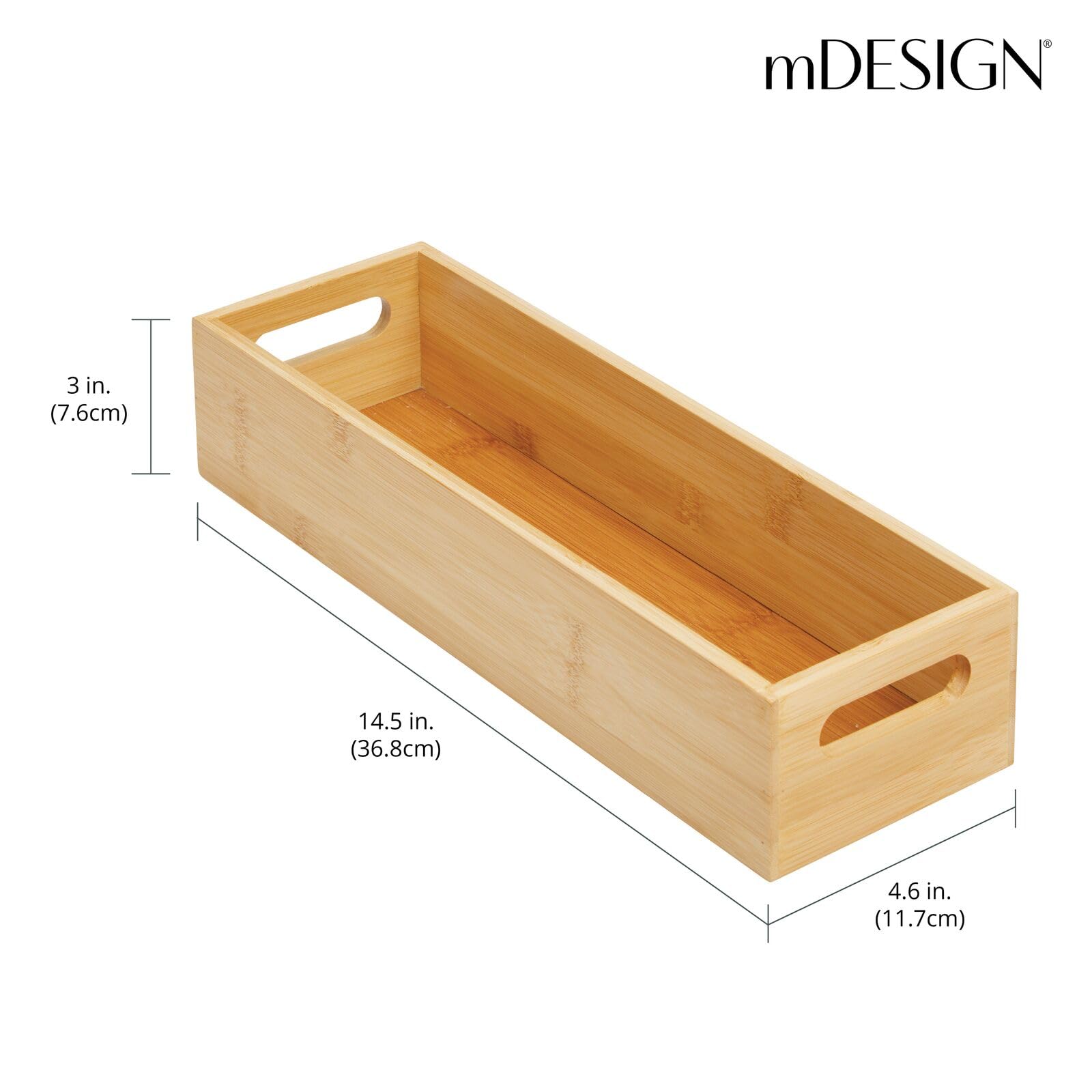 mDesign Bamboo Kitchen Cabinet & Fridge Drawer Organizer Tray with Handle - Storage Bin for Cutlery, Serving Spoons, Cooking Utensils, Gadgets - Natural Wood Finish