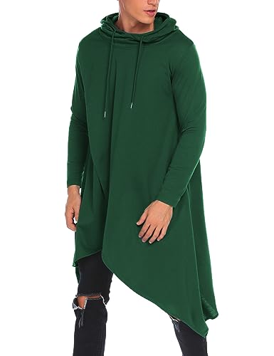 COOFANDY Mens Christmas Poncho Hooded Cape Cloak Asymmetric Hem Pullover Hoodie Green