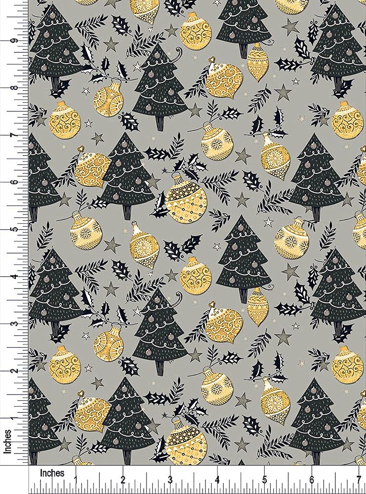 Golden Christmas Design 100% Cotton Quilting Fabric by The Yard (Gold, Black, Grey, Brown)