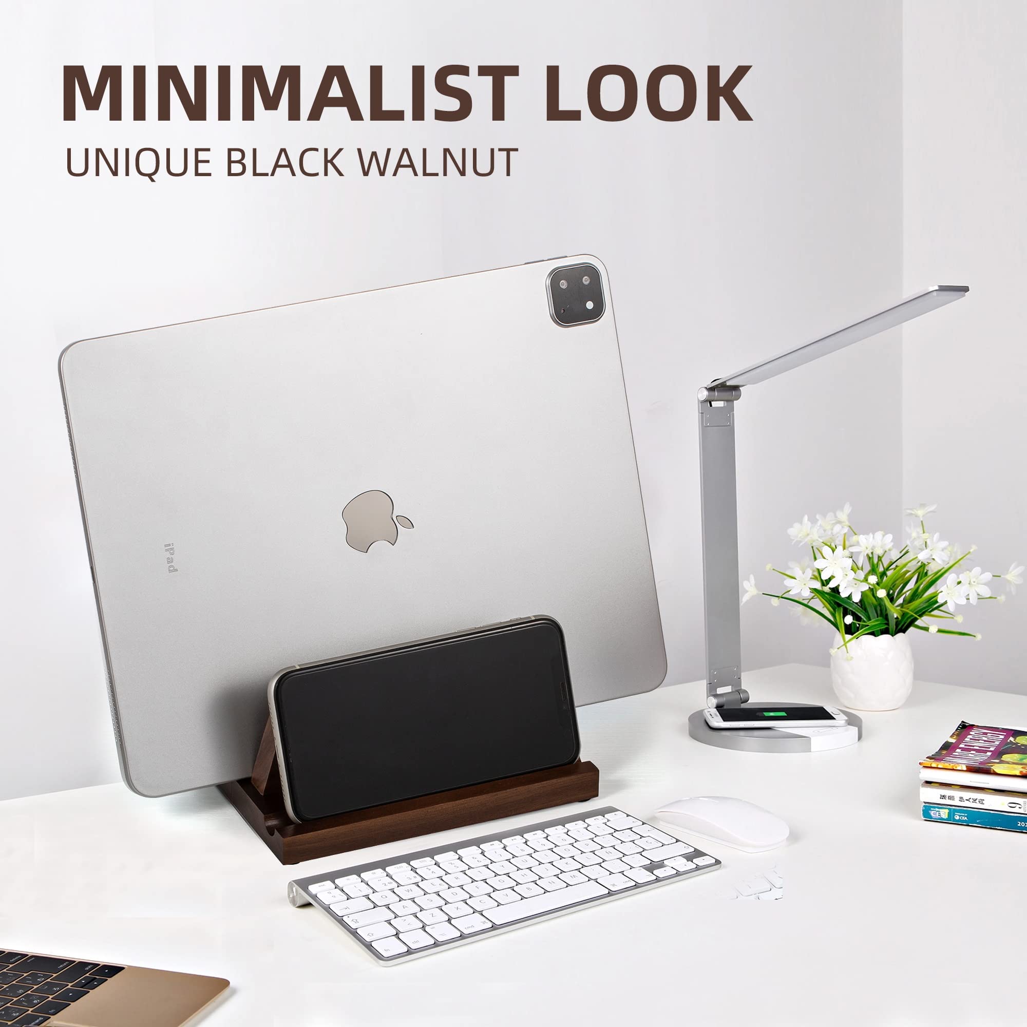 Vertical Laptop Stand Wood, Wooden Adjustable Laptop Holder, Walnut, 2 Slot, Double, Upright Laptop Holder for Desk, MacBook Stand, Laptop Dock, Desktop Organizer, Fits MacBook, Other Laptops, Phone